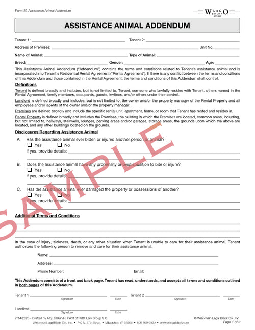 Assistance and Support Animal Lease Agreement Addendum Rental Forms ...