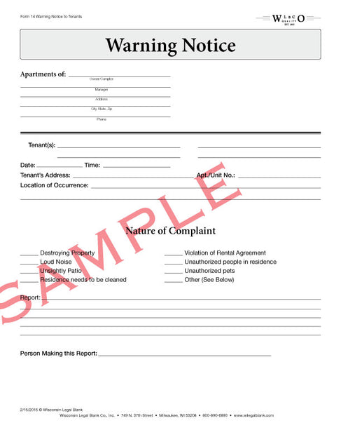 14 Warning Notice to Tenants – Wisconsin Legal Blank