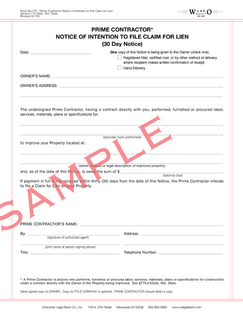 770 Prime Contractor Notice of Intention to File Claim for Lien ...