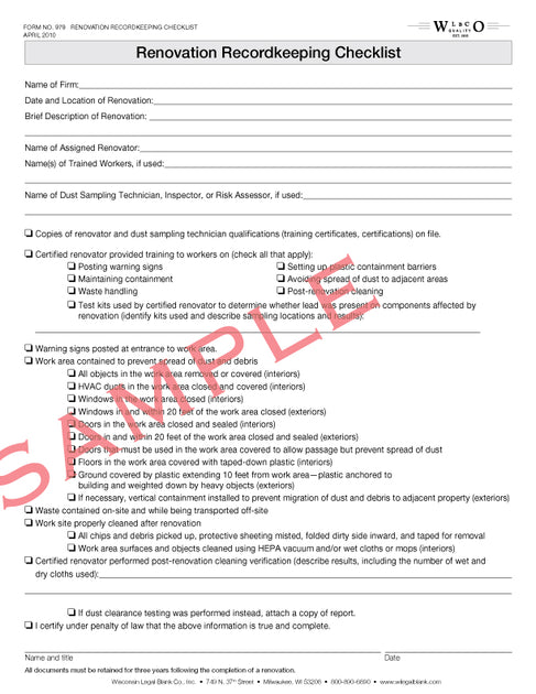979 Renovation Recordkeeping Checklist – Wisconsin Legal Blank