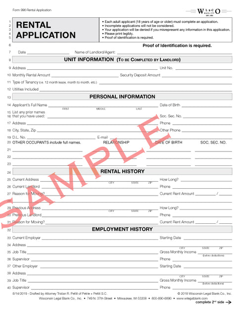 996 Rental Application – Wisconsin Legal Blank
