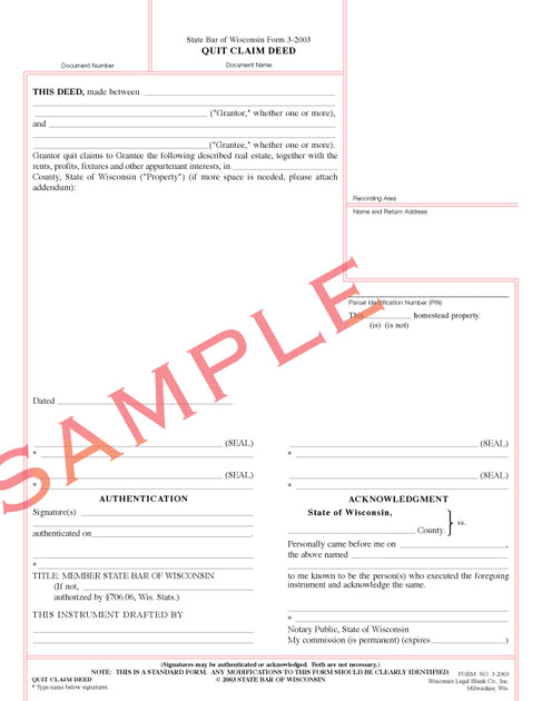SB-3 Quit Claim Deed – Wisconsin Legal Blank